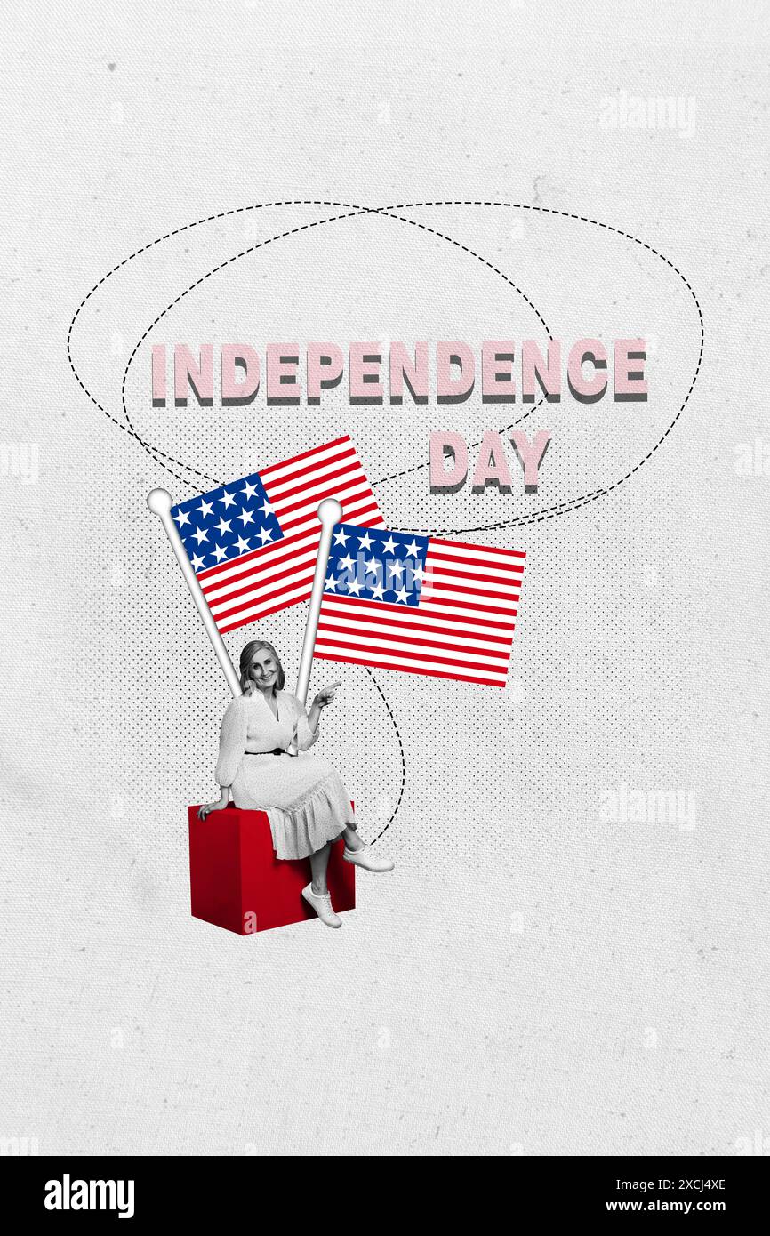 Creative poster banner collage of mini aged woman sit podium pointing ...