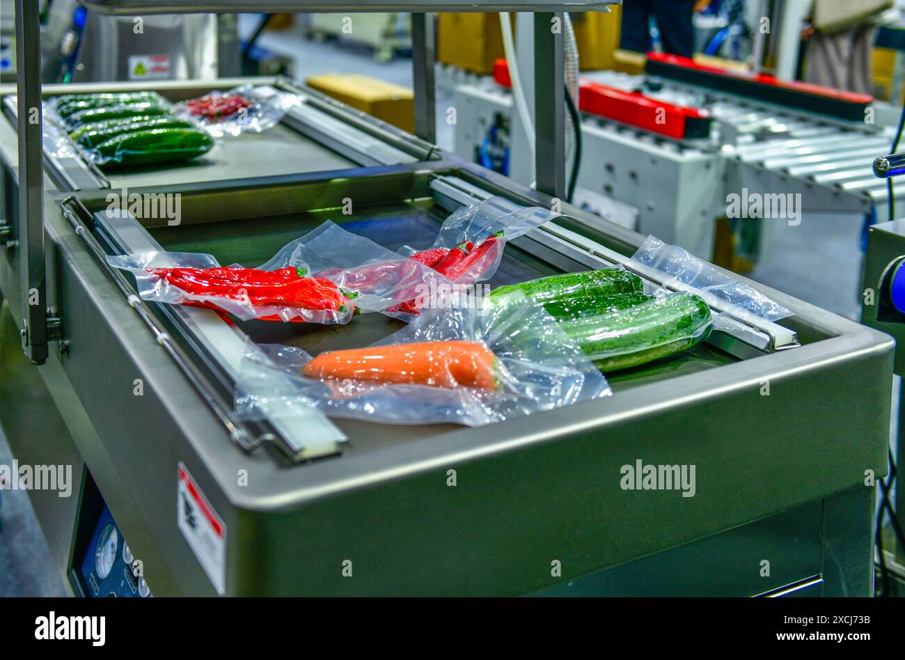 Fresh vegetables packed in a clear plastic wrap production line in ...