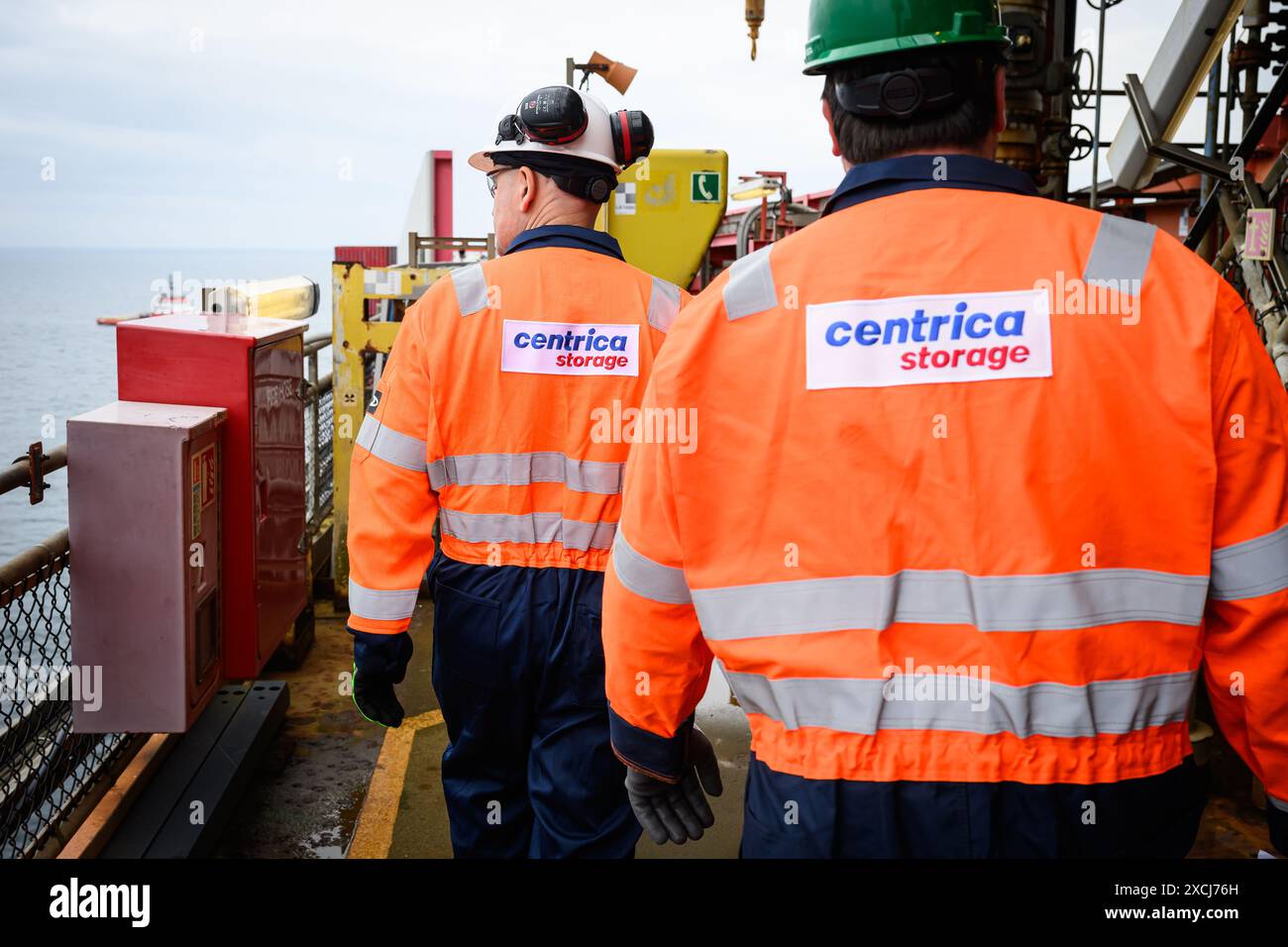 Members of the Centrica crew walk along a gangway on the the Rough 47 ...
