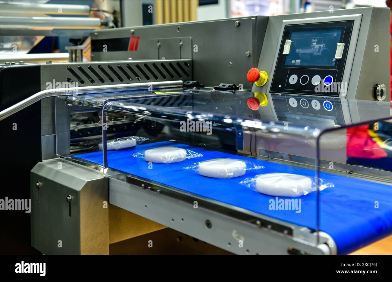 Modern machine for packaging products on conveyor belt in factory Stock ...