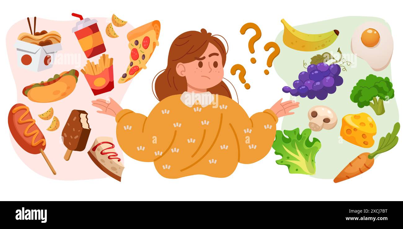 Healthy and unhealthy food. Girl makes choice. Pensive young woman ...
