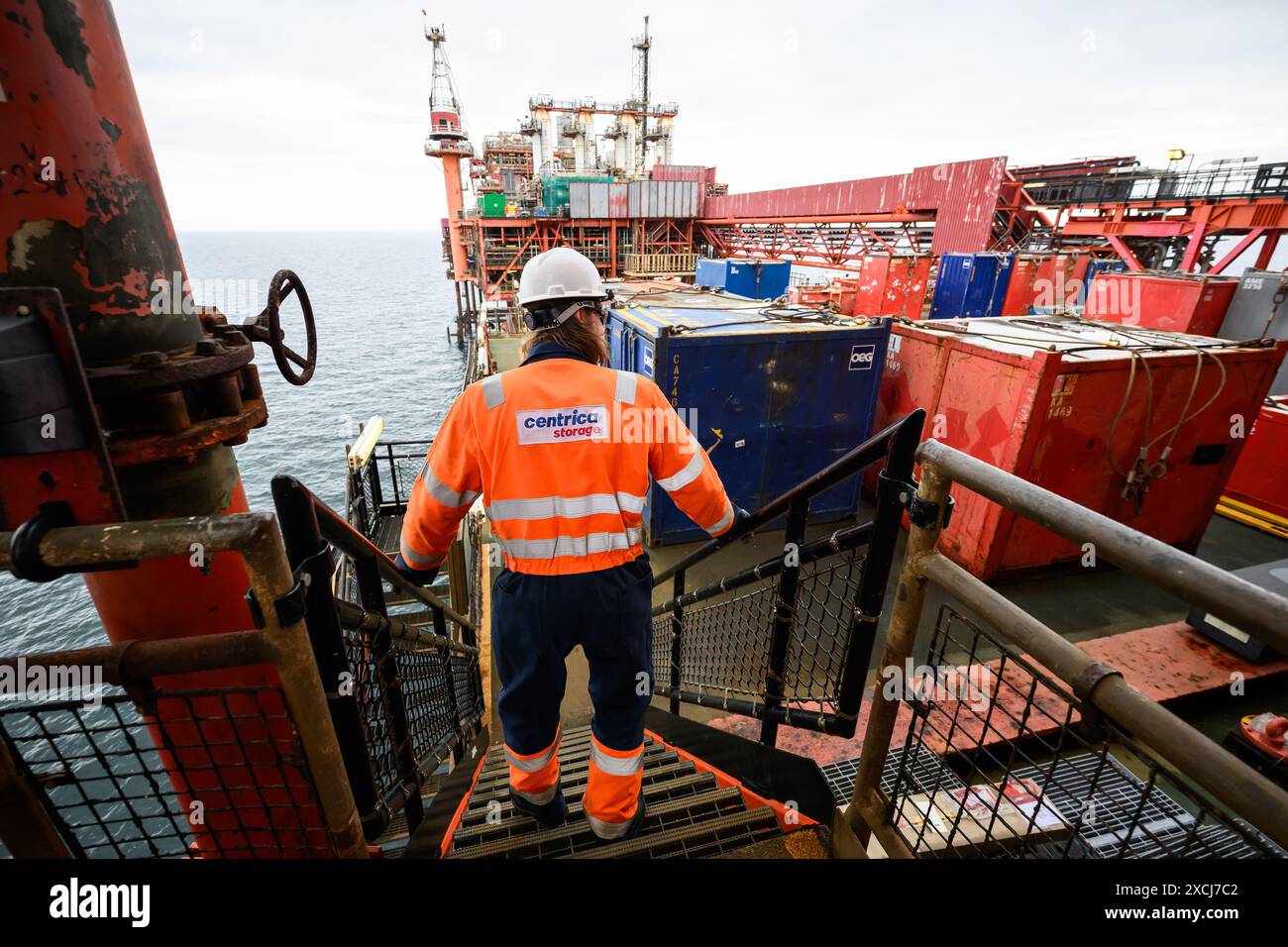 A member of the Centrica crew walks along a gangway on the the Rough 47 ...