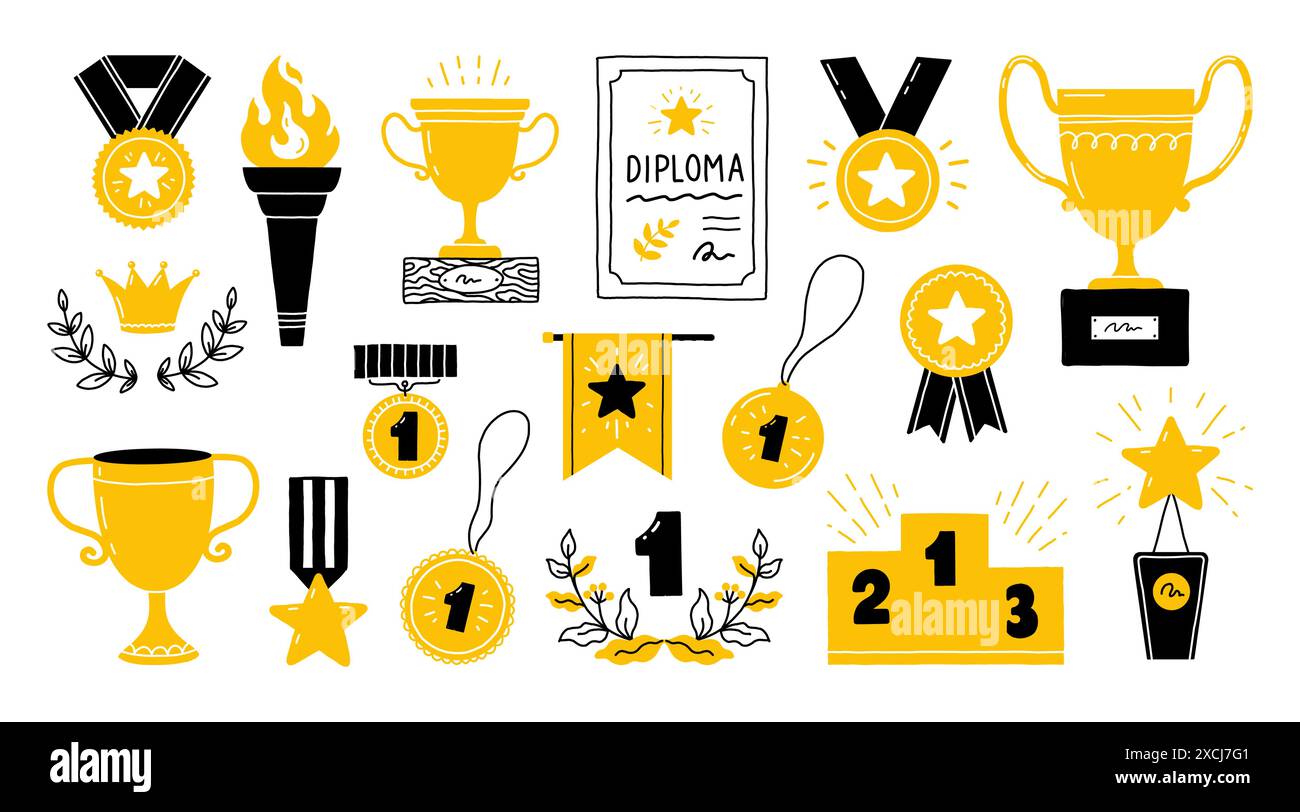 Doodle trophy. Winner award. Gold medal with ribbon. Hand drawn ...