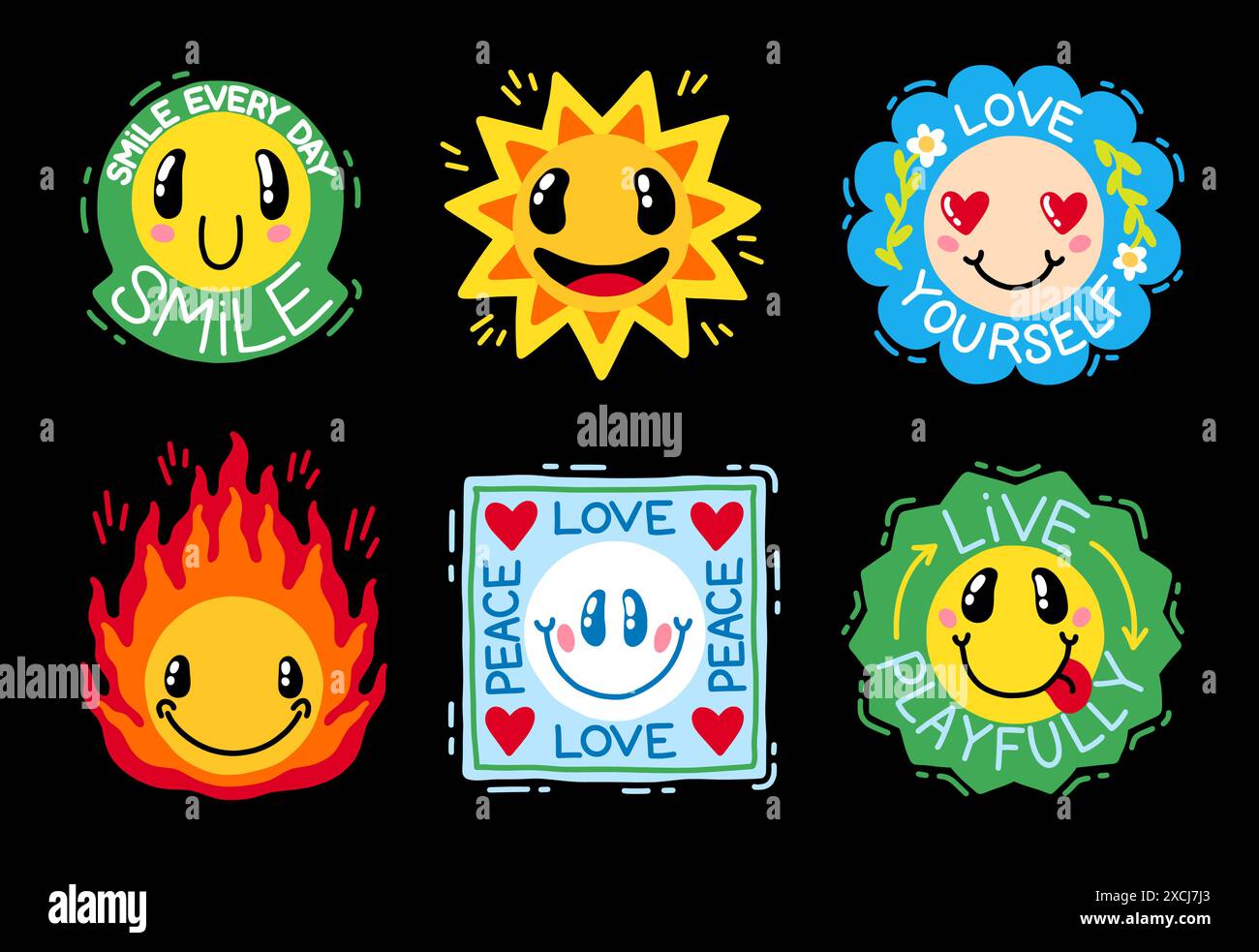 Cute stickers. Smile face stamp. Retro badge. Positive emoji. Cool ...