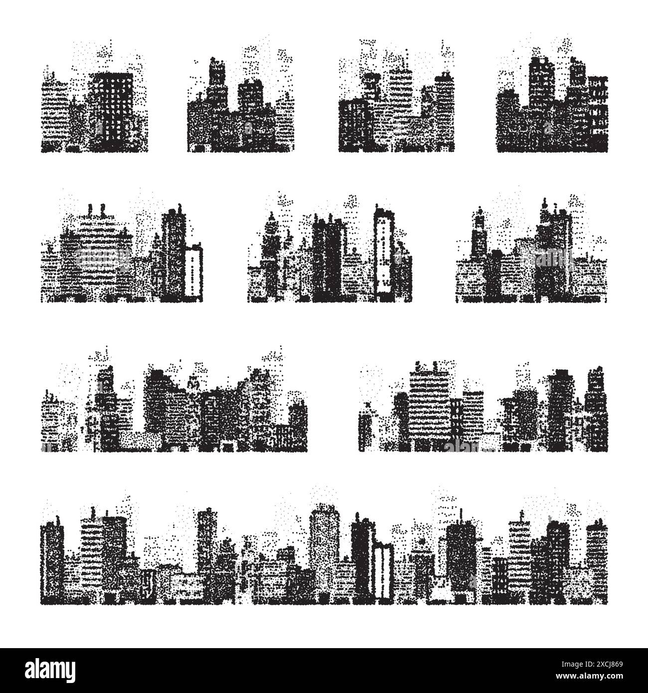 Stippled city silhouettes. Cityscape, town skyline. Midtown, downtown ...