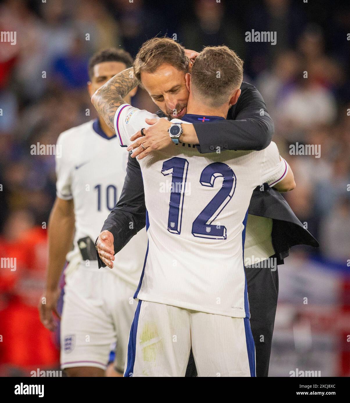 Gelsenkirchen, Germany. 16th Jun 2024. Kieran Trippier (ENG) Trainer Gareth Southgate (England ...