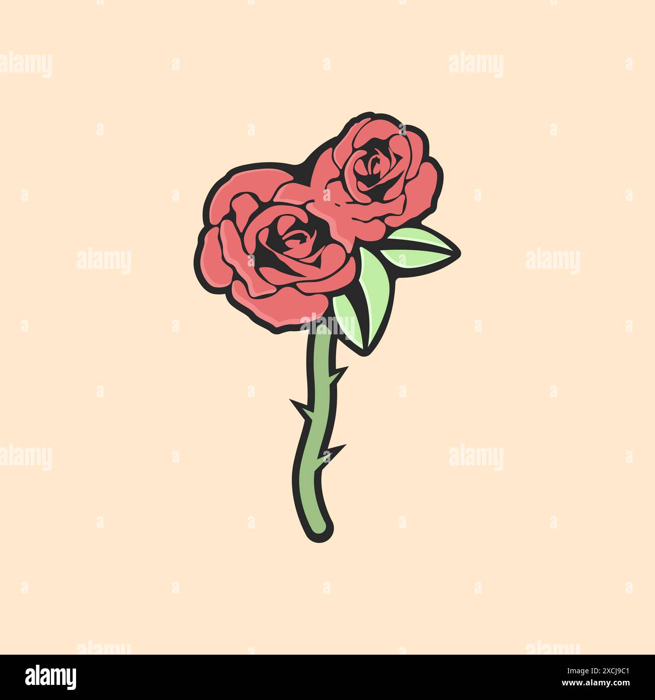 Decorative colored rose with leaves. Rose with thorns vector icon. Rose ...