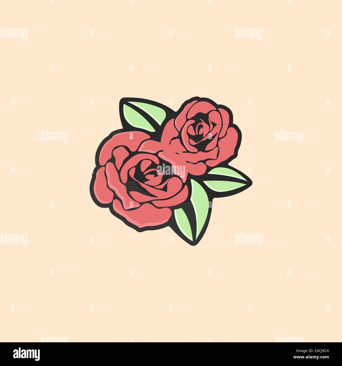 Decorative colored rose with leaves. Rose with thorns vector icon. Rose ...