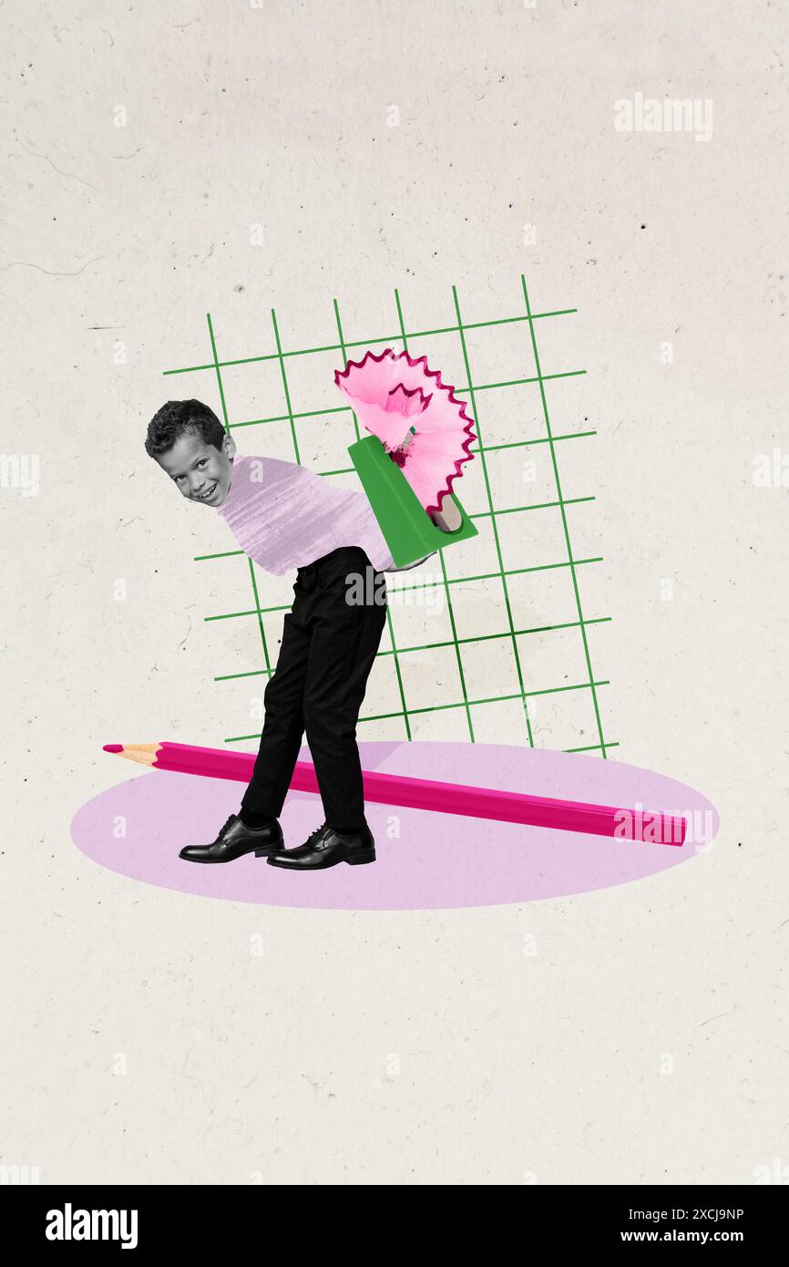 Vertical photo collage of happy schoolboy hold big sharpener art school ...