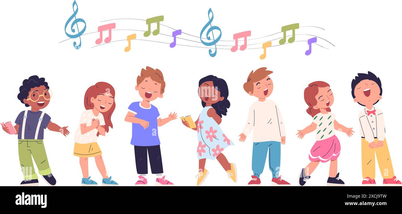 Children singers. Child school church chorus, kid singer sing on stage ...