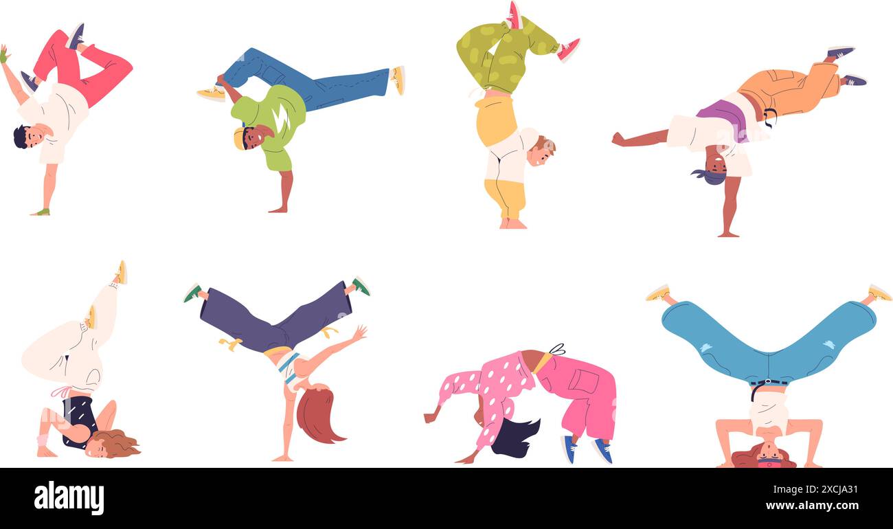 Breakdance dancers. Street dancer characters, moving jump breakdancer b ...