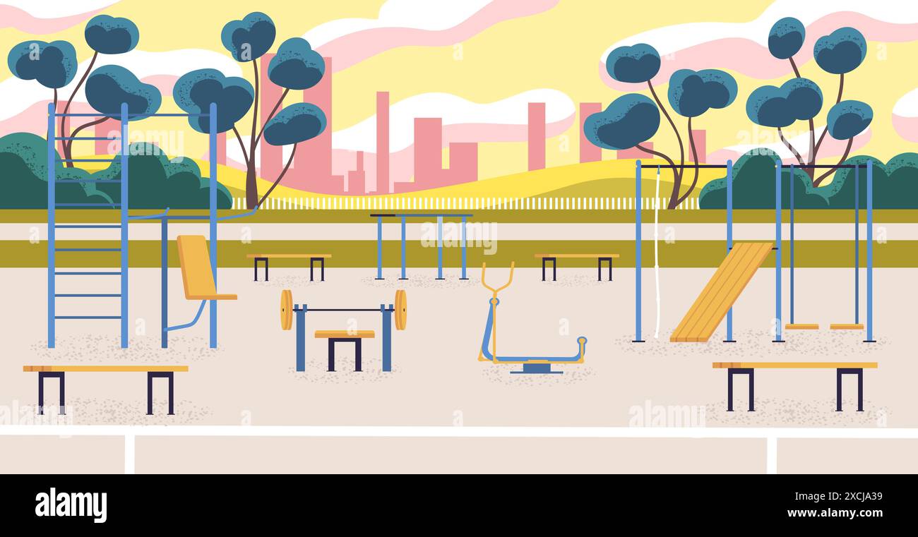 Workout park equipment. Outdoor street gym sporting exercise machines ...