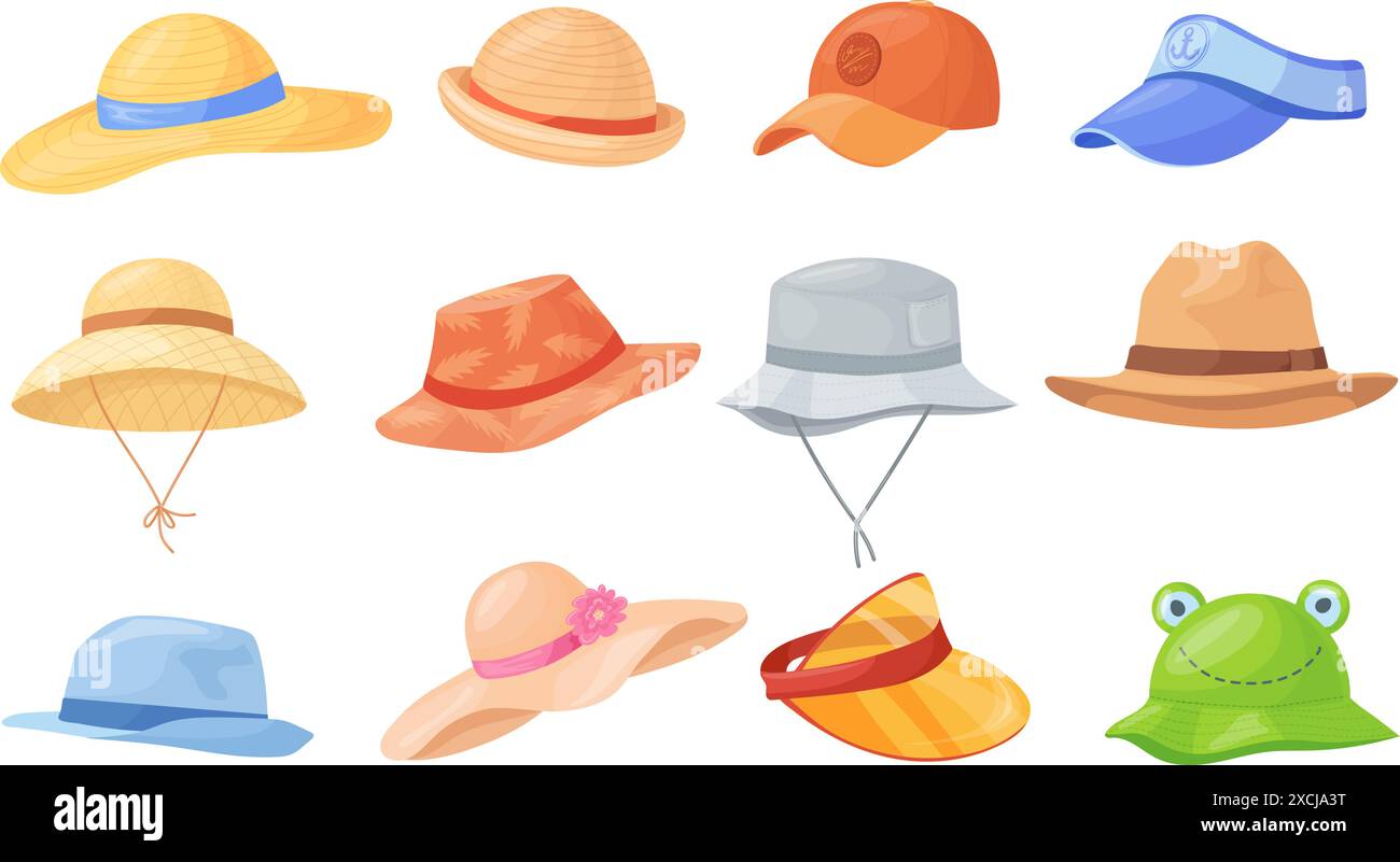 Cartoon summer headgears. Headwear accessories man woman unisex hats ...