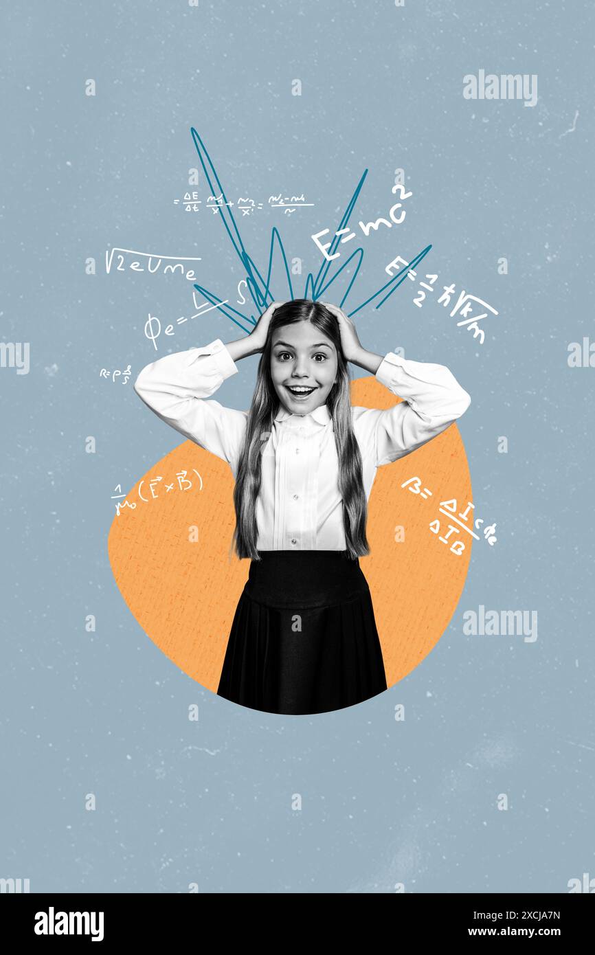 Vertical photo collage of excited schoolgirl hold head math exam lesson ...