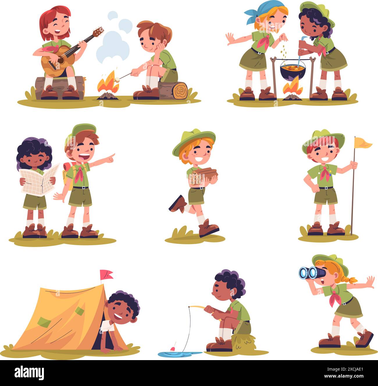 Kids scouts. Child scout cartoon characters, kindergarten kid or school students nature ...