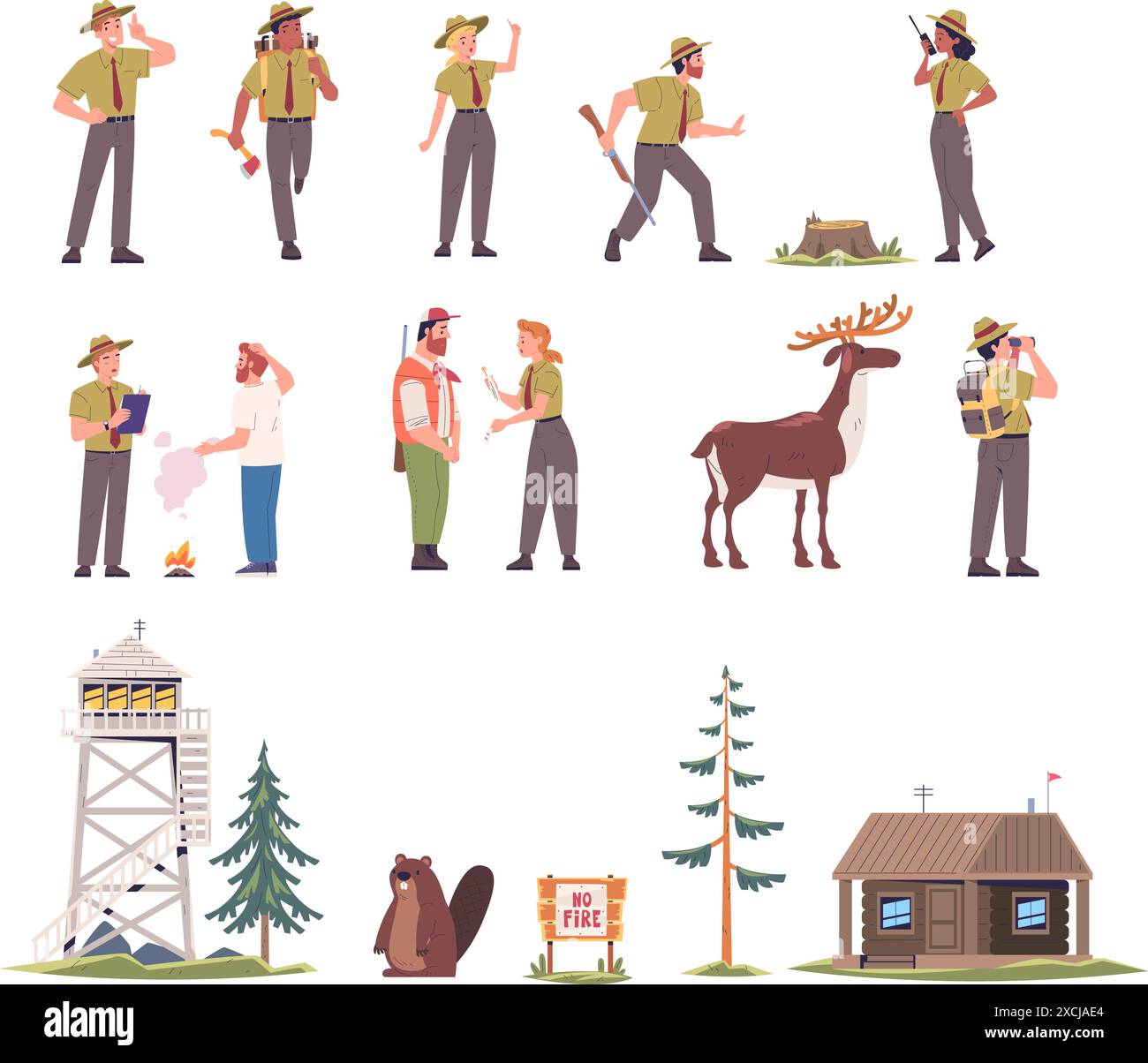 Forest rangers. Park ranger cartoon characters, environment preserve ...