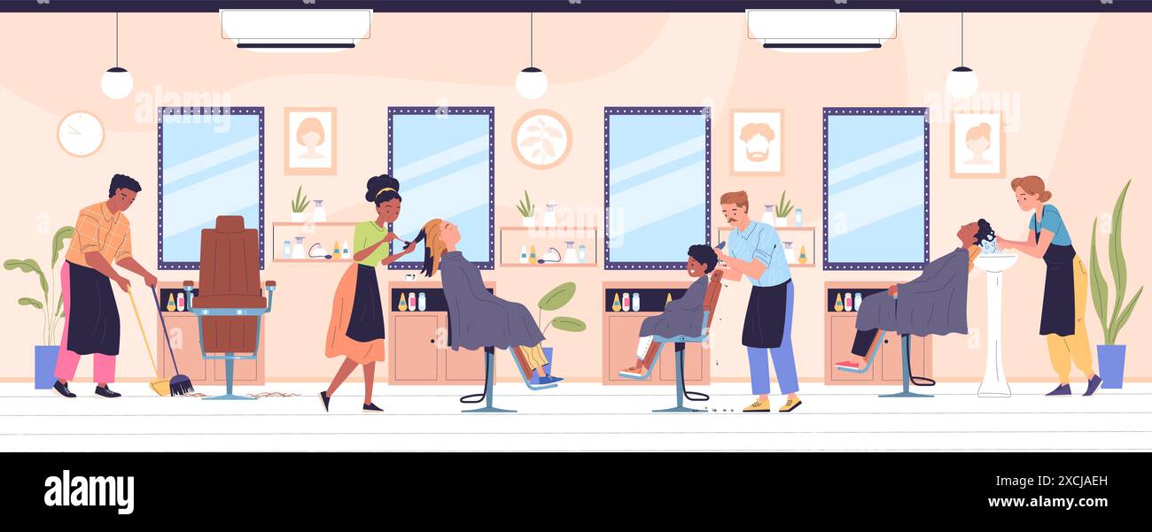 Clients in hairdresser salon. Hairstylist working cut people on chair ...