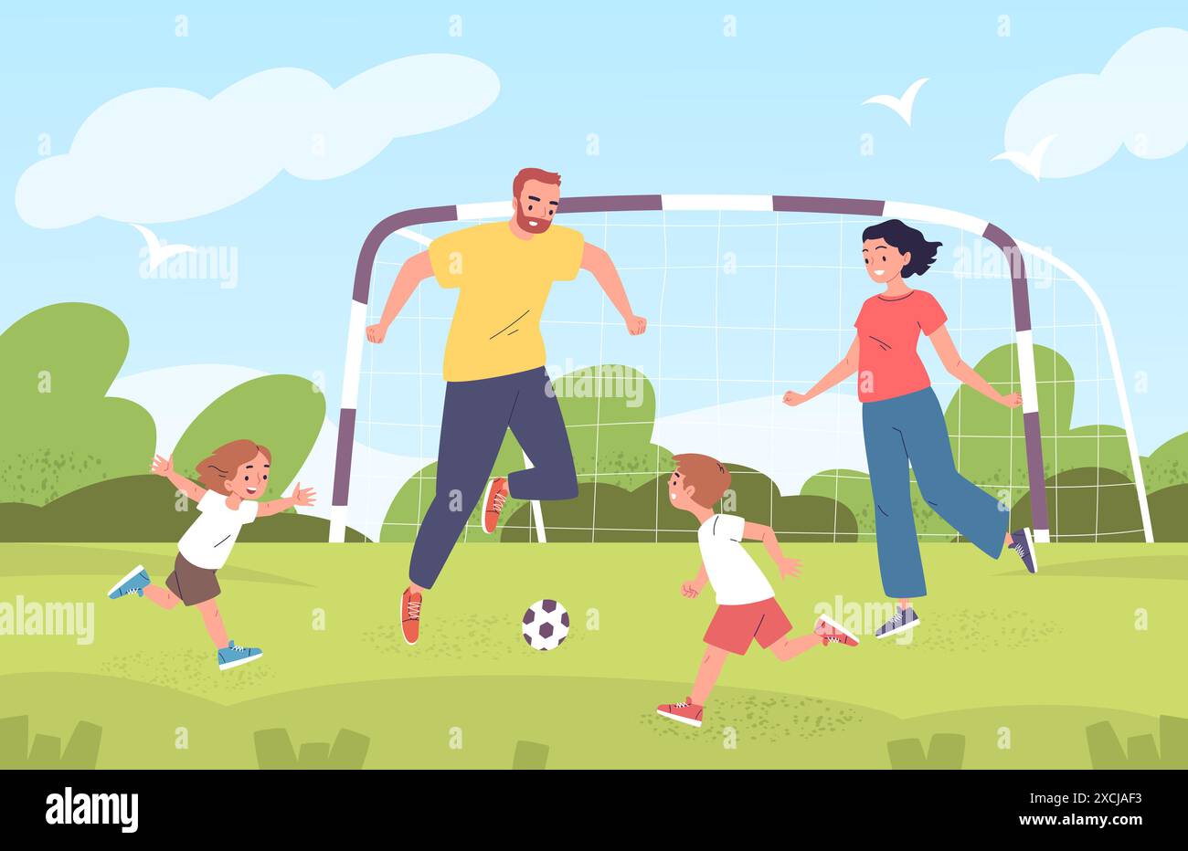 Family playing football. Father mother children play soccer outside in ...
