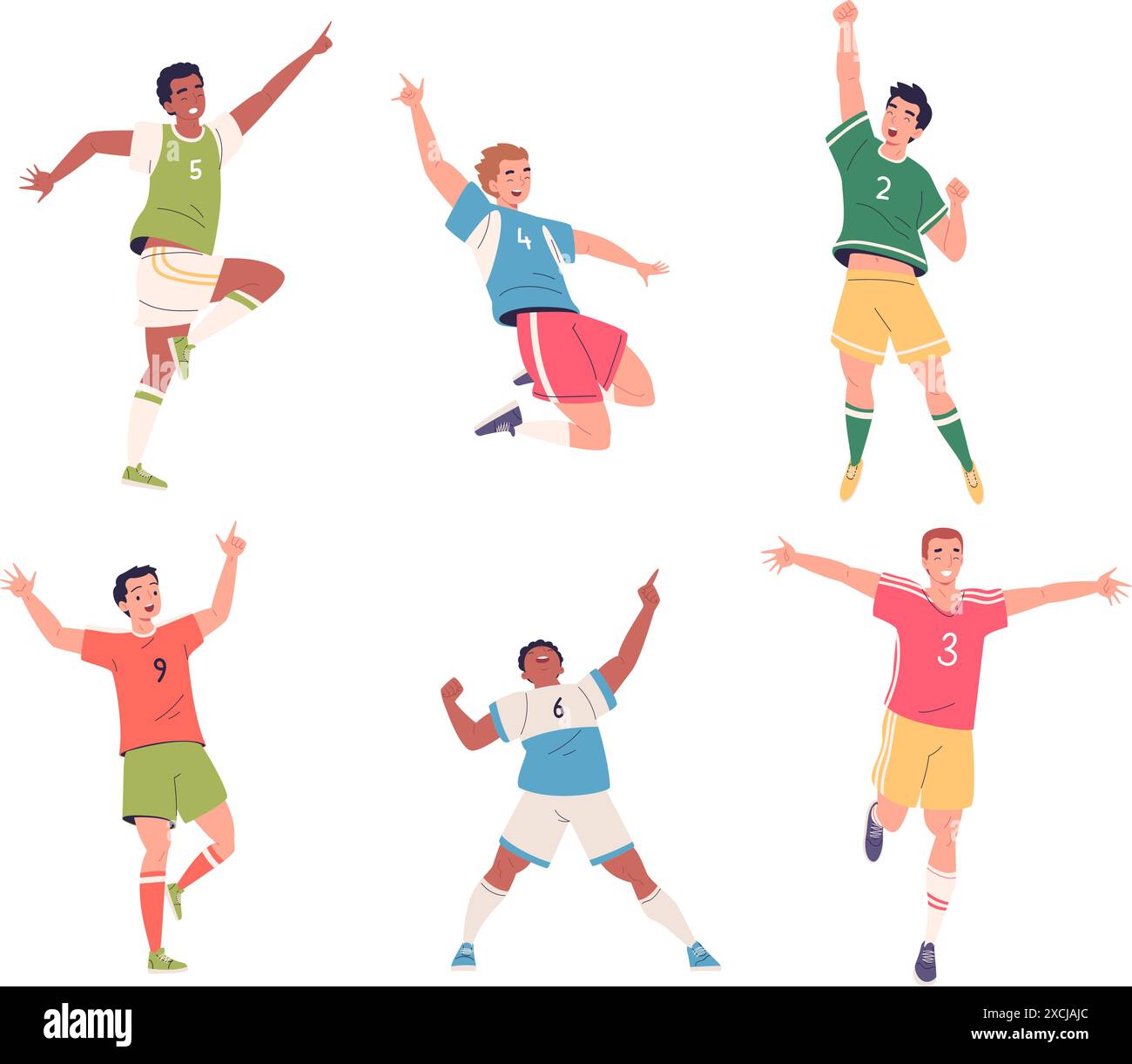 Soccer players celebrate win. Football player goal celebration poses ...