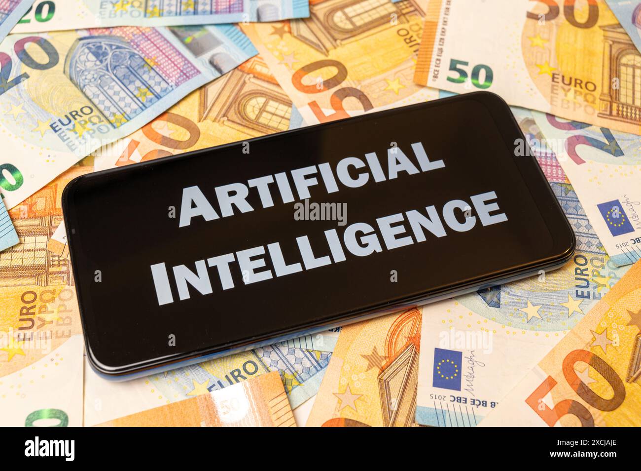 Device with AI, on banknote background. Value and earnings of using ...