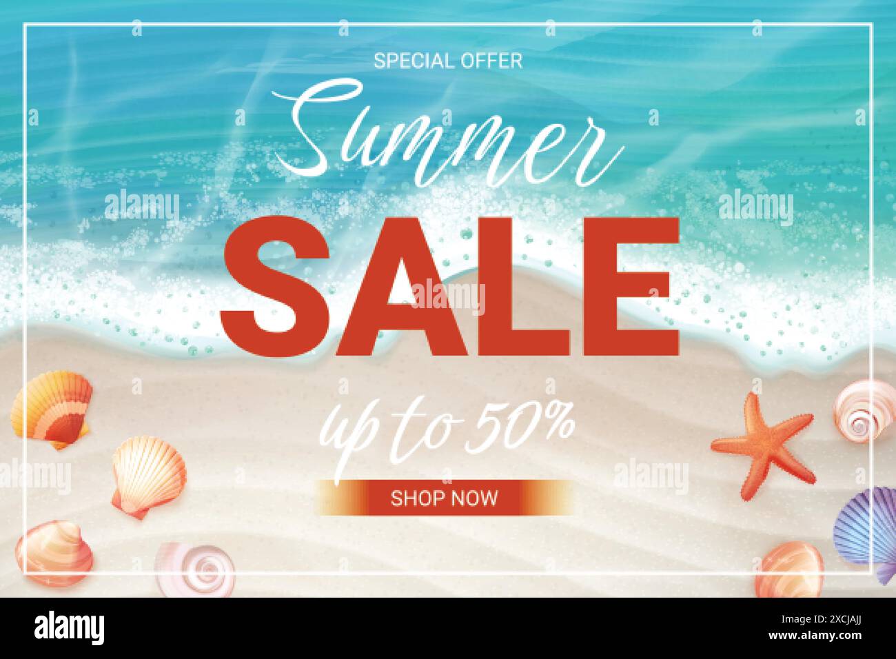 Realistic sea beach banner. Sand and turquoise ocean wave tropical ...