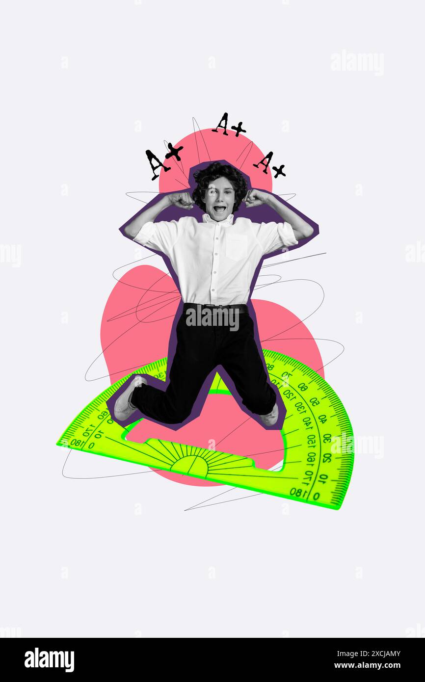 Vertical photo collage of happy schoolboy jump receive best mark school ...