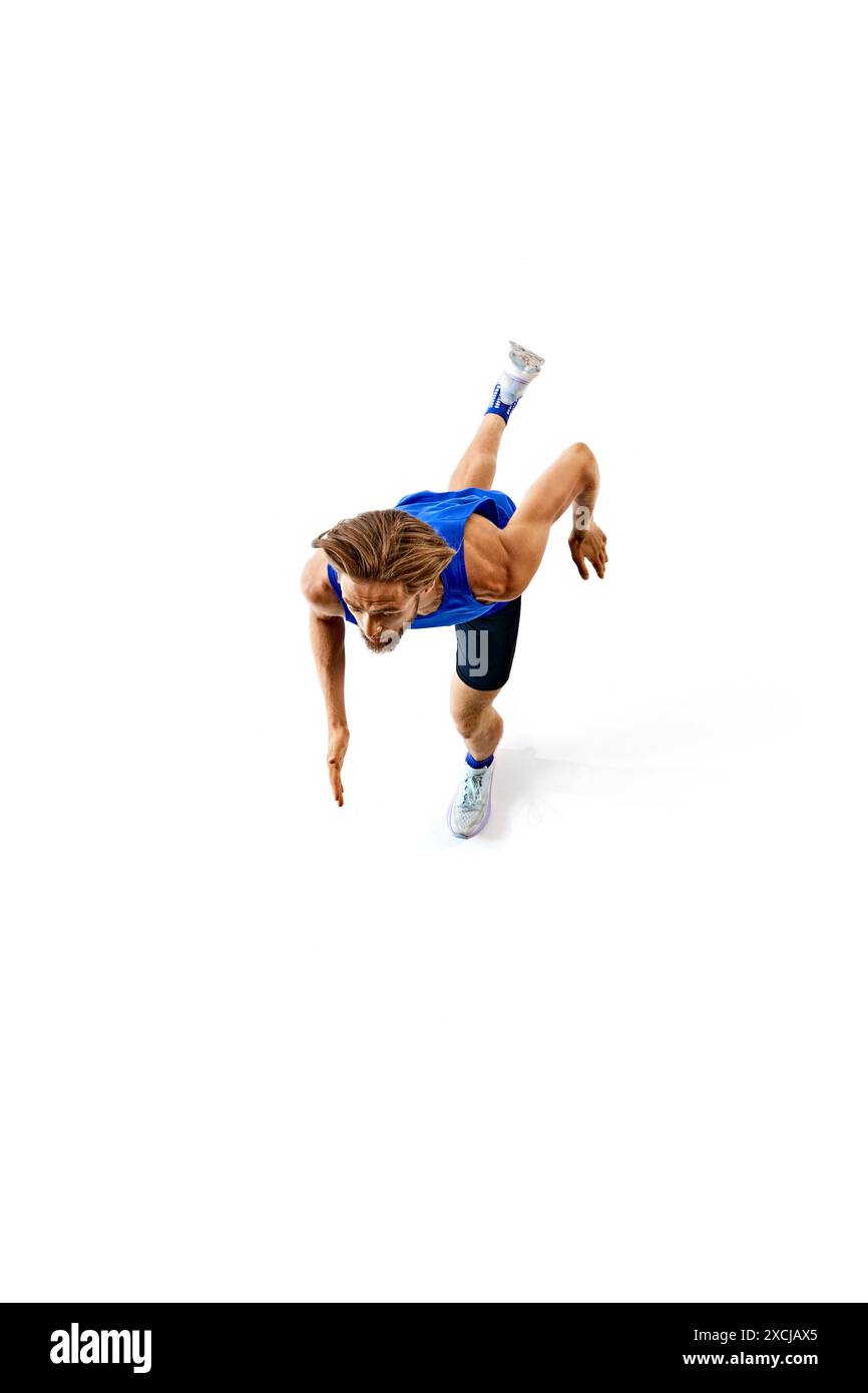 Spirit of competitive run. Top view of muscular sportive man, runner in ...