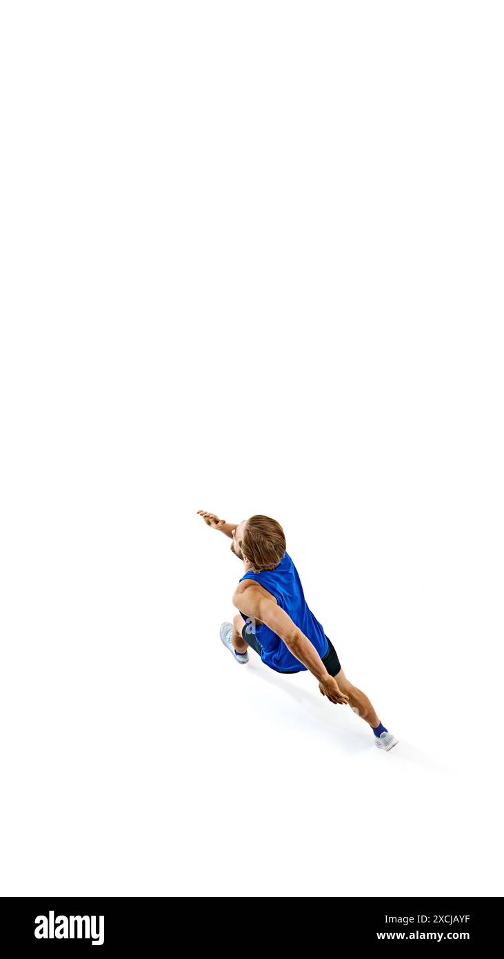 Isometric poster. Young man, runner, athlete in motion, pushing his ...