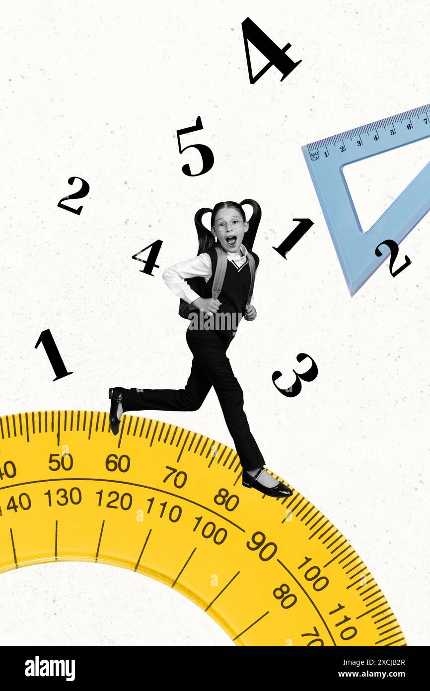 Vertical photo collage of scream schoolgirl run hurry late math lesson ...