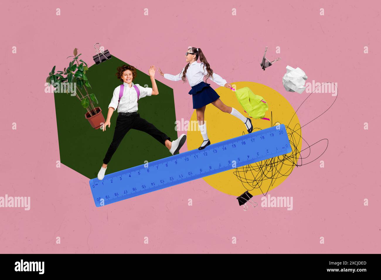 Composite photo collage of happy teenage schoolboy girl high five ...