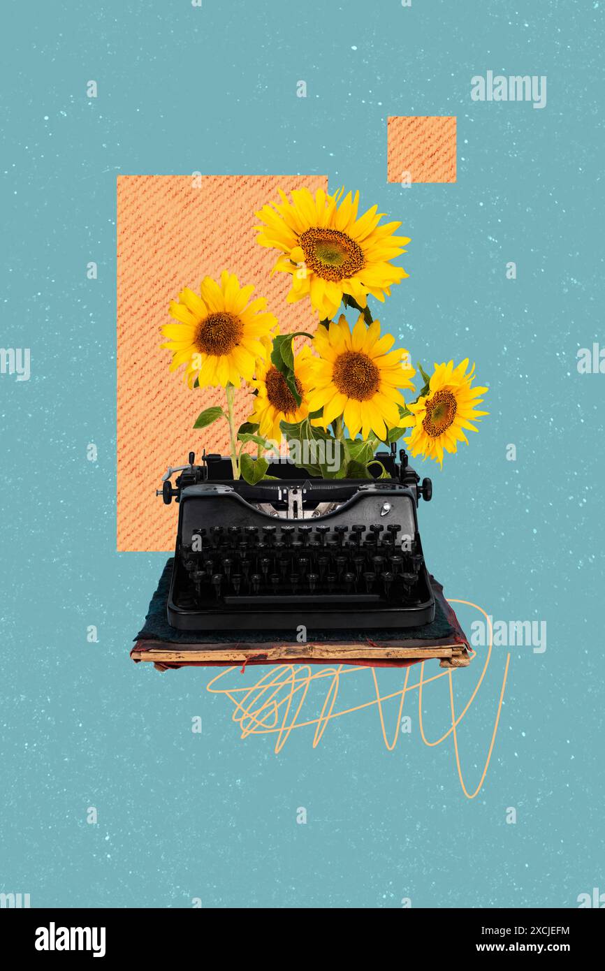 Creative abstract template collage of typewriter flowers sunflowers ...