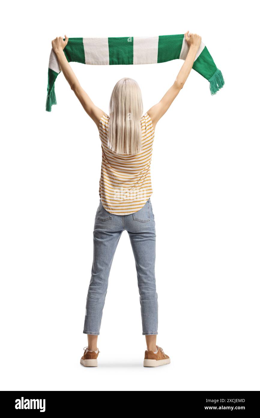 Female sports fan cheering with a scarf isolated on white background ...