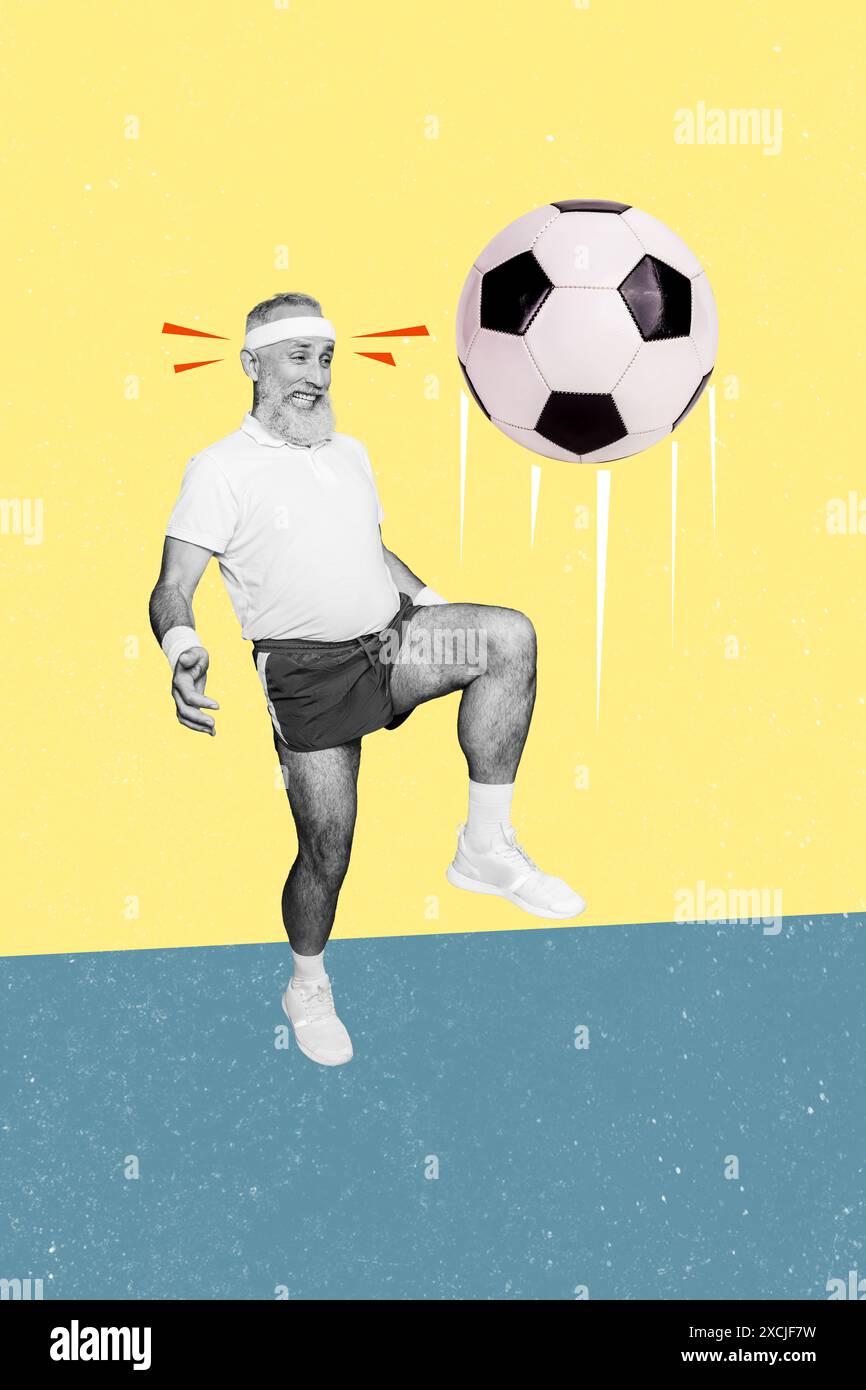 Vertical photo collage of old sportsman football player punch ball ...