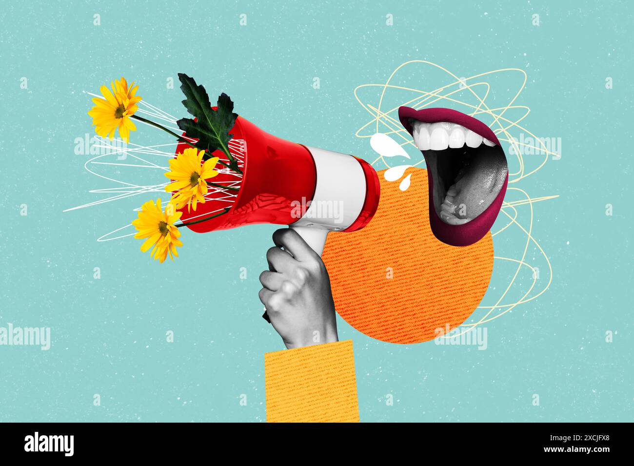 Composite photo collage of angry female mouth lips scream megaphone ...