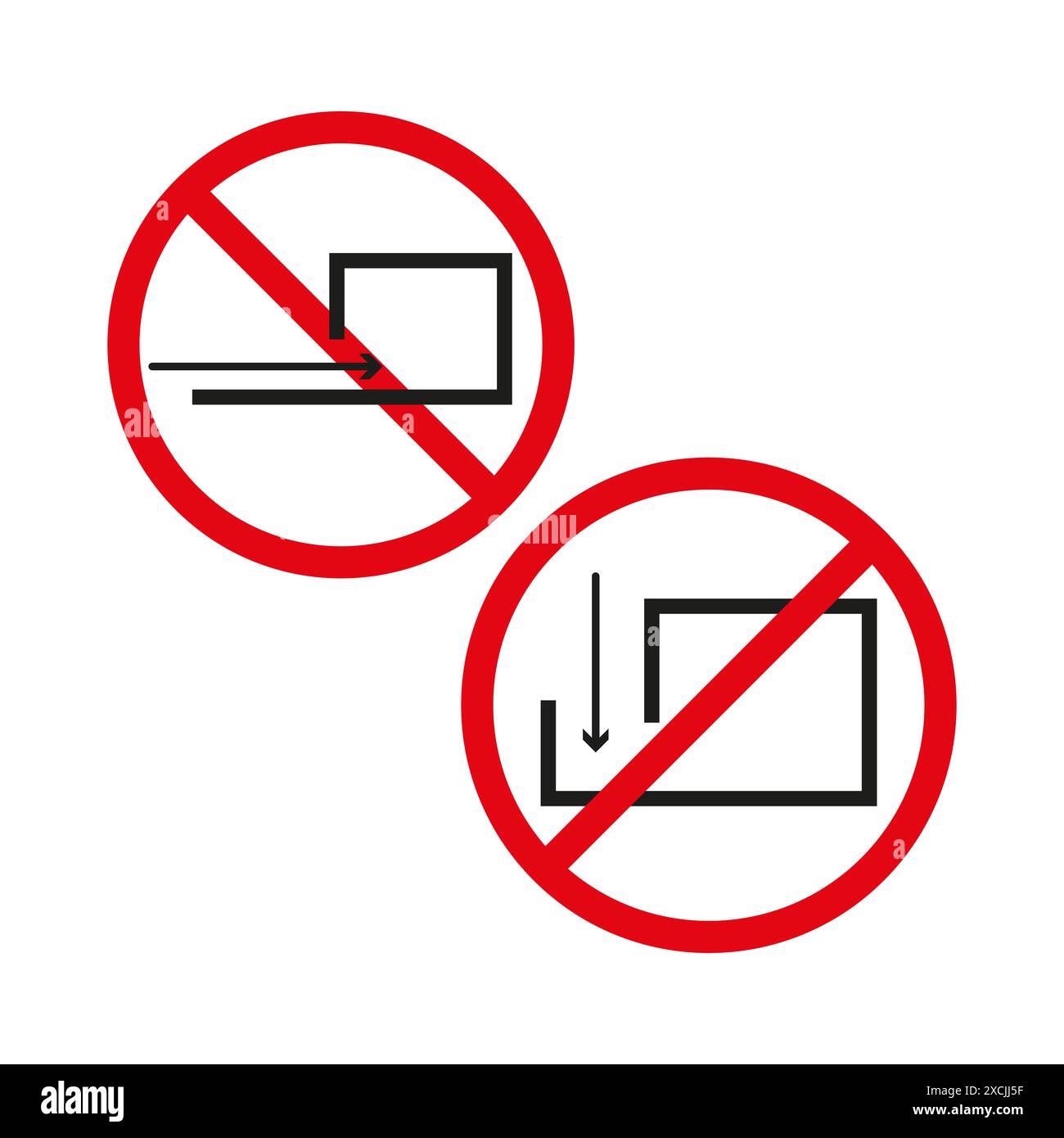 No pulling icons. Red crossed circles. Simple line design. Black arrow ...