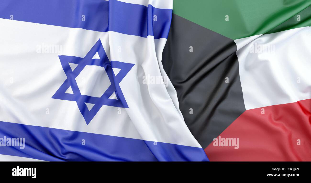 Fabric textures of the flags of Israel and Kuwait waving next to each ...
