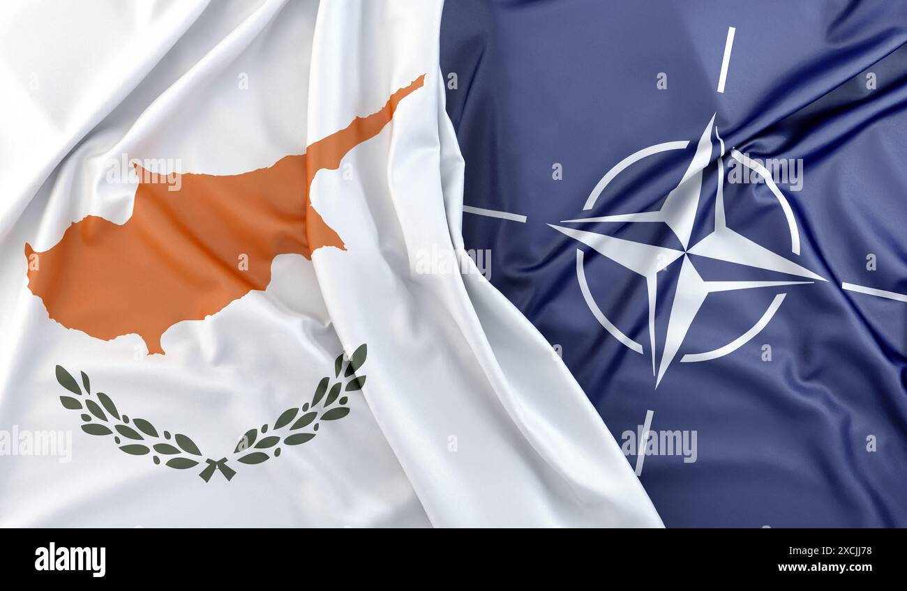 Flags of Cyprus and North Atlantic treaty organization waving together ...