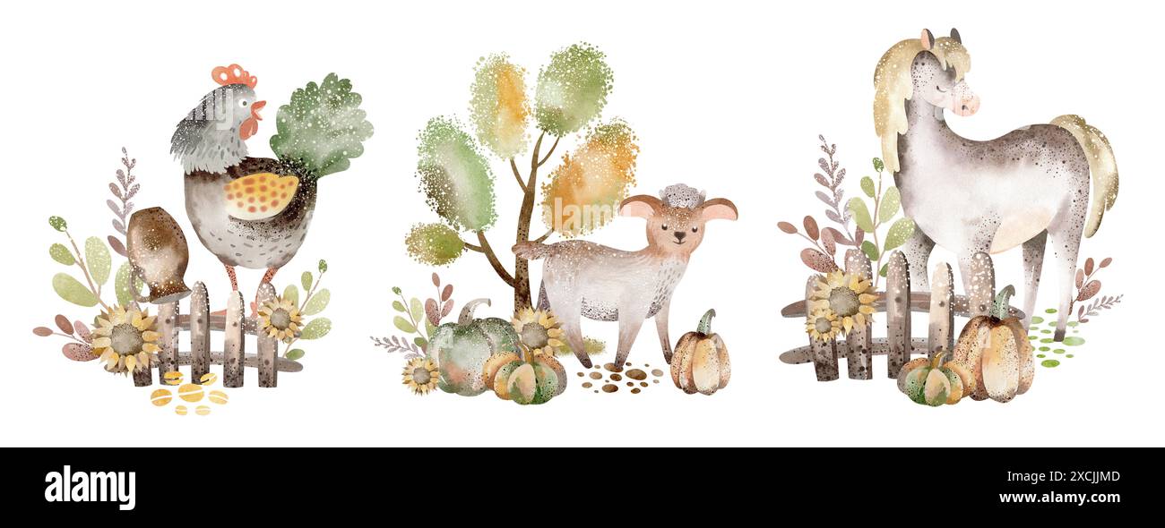 Watercolor illustration of farm animals. Cartoon horse, lamb and ...