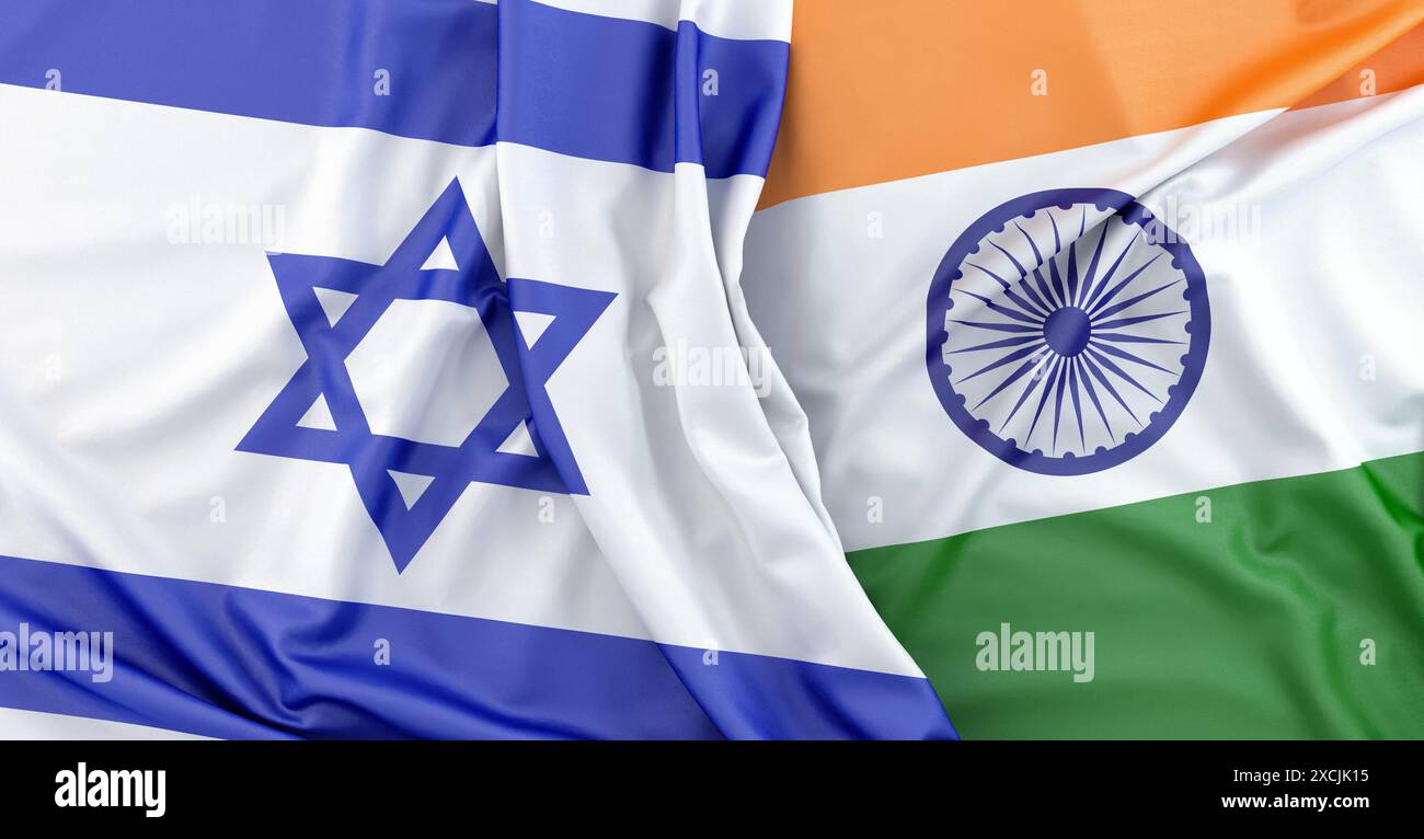Flags of Israel and India touching, creating abstract background design ...