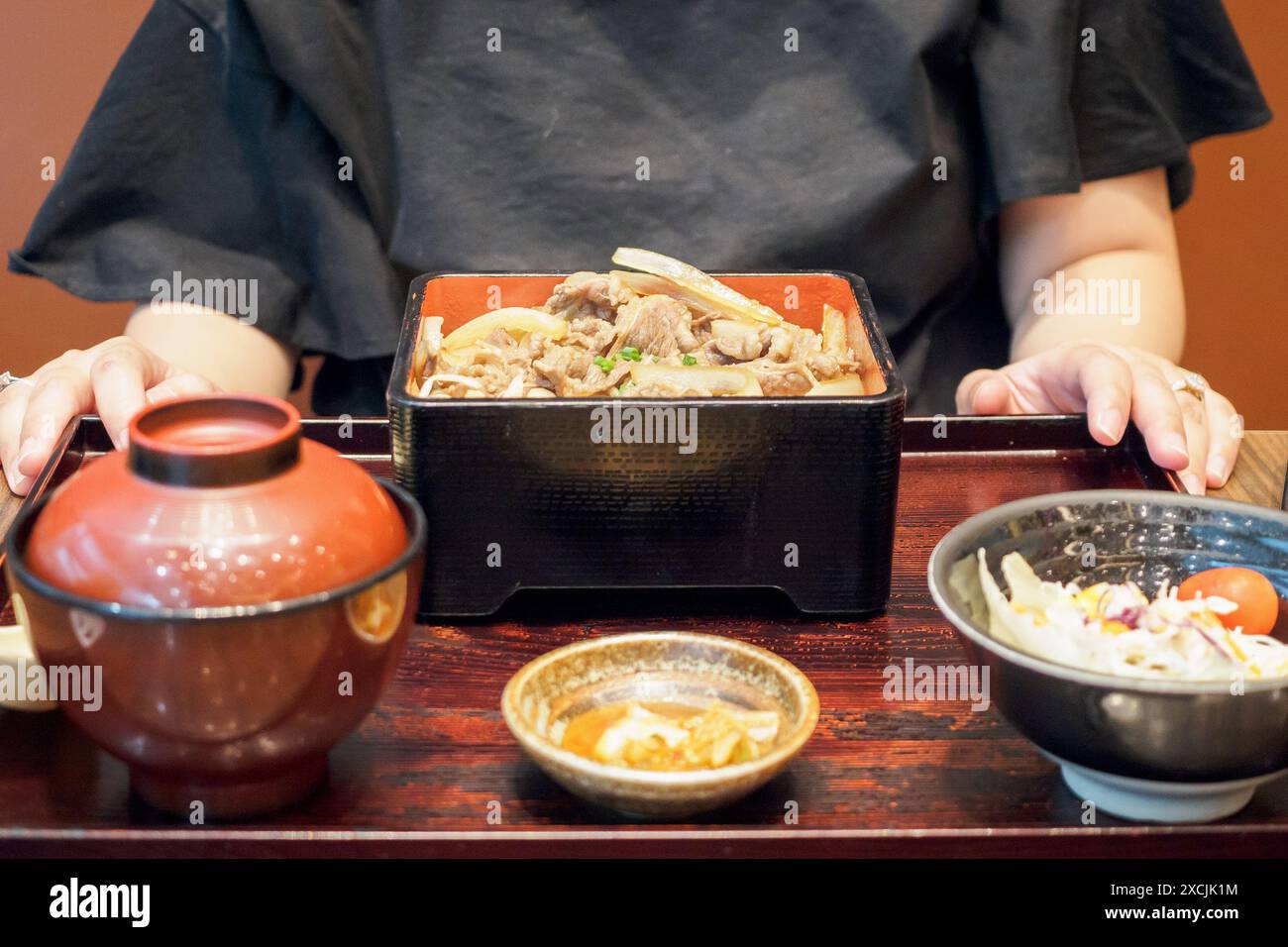 Asian Woman ready to eat Japanese food grilled beef meal with rice, Gyu ...