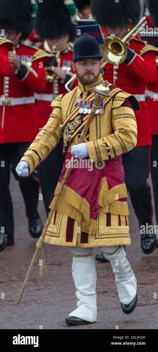 London, UK. 15th June, 2024. Drum Major sporting a beards leads out a Guards Band for Trooping ...