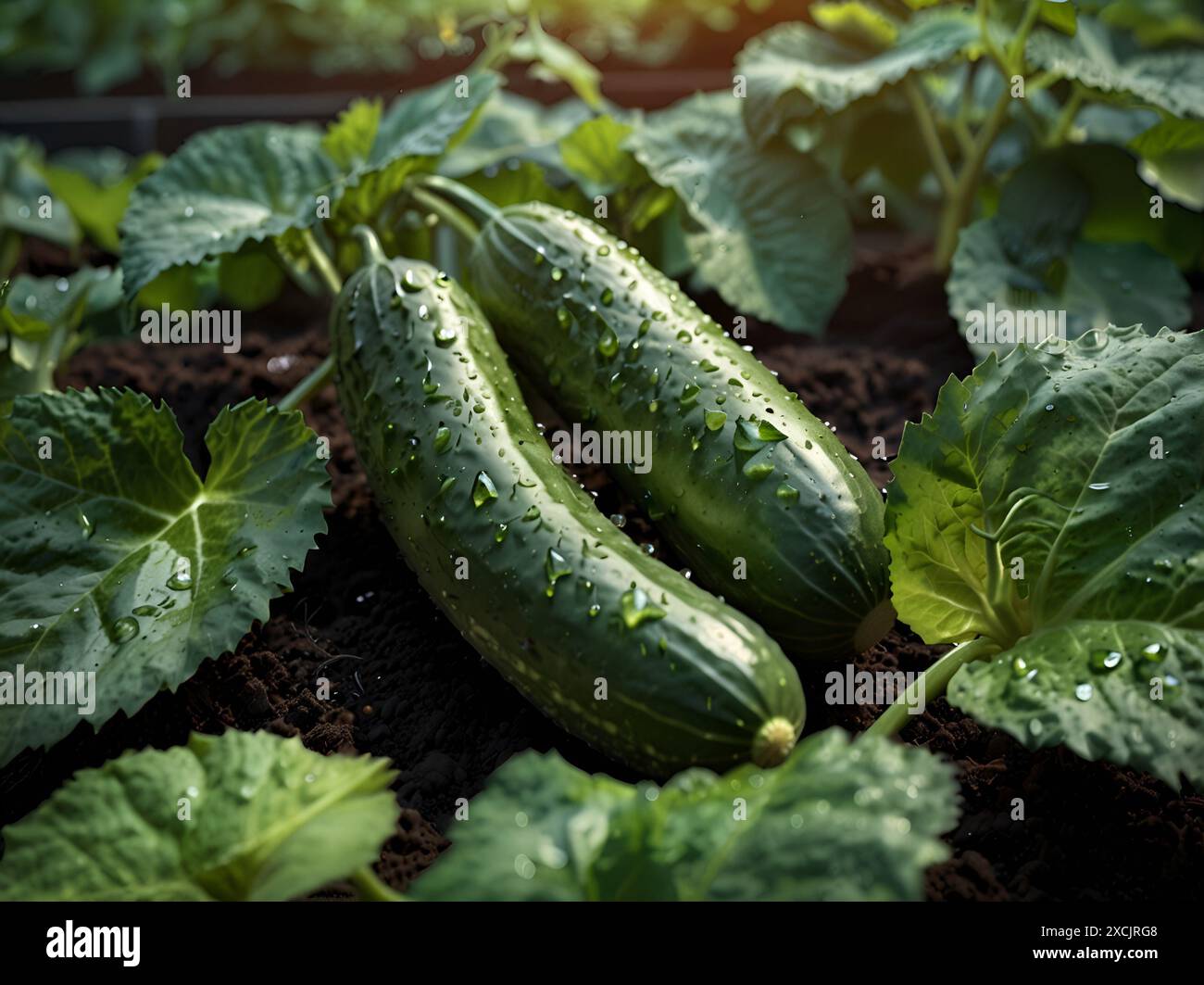 Fresh cucumbers in a garden bed against a background of cucumber stems ...
