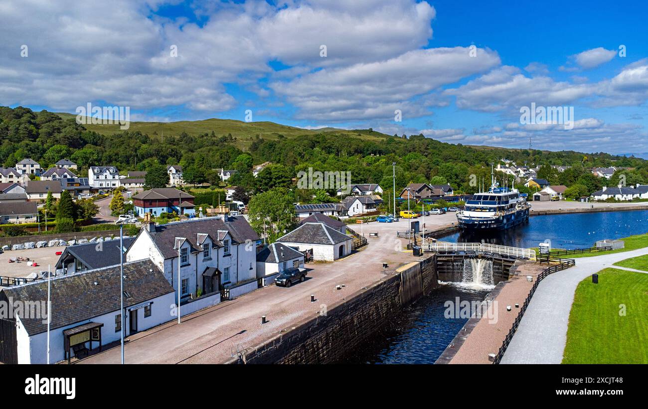 Caledonian Canal lock at Corpach Basin on Loch Linnhe with moored ...