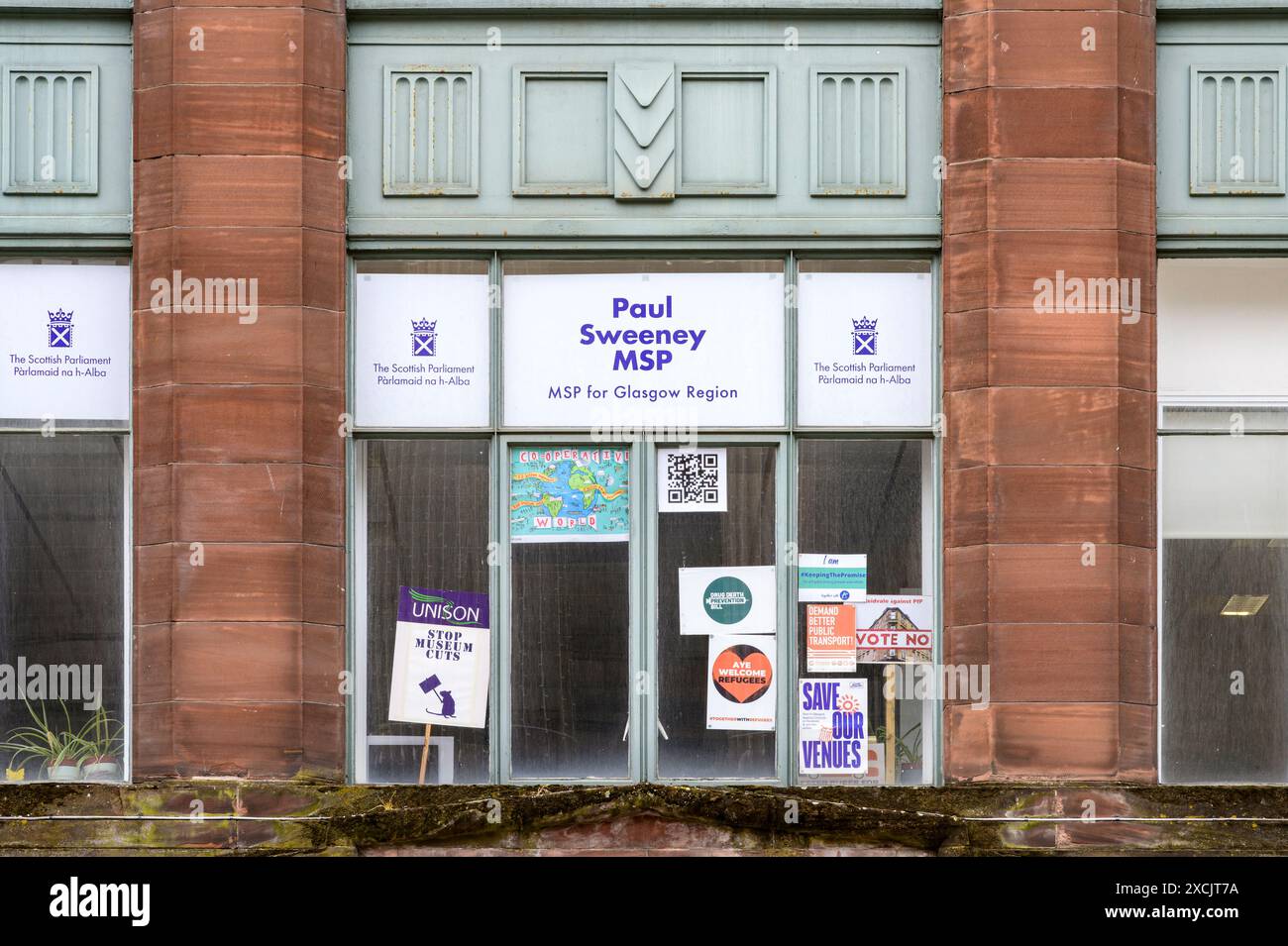 Sign in the window of the office of Paul Sweeney Labour MSP for Glasgow ...