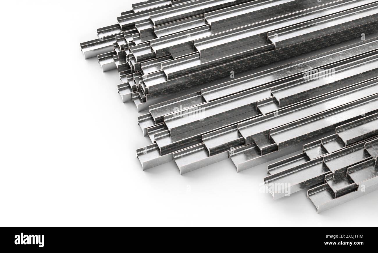 Steel bars of different sizes are lying on a white surface 3d render ...