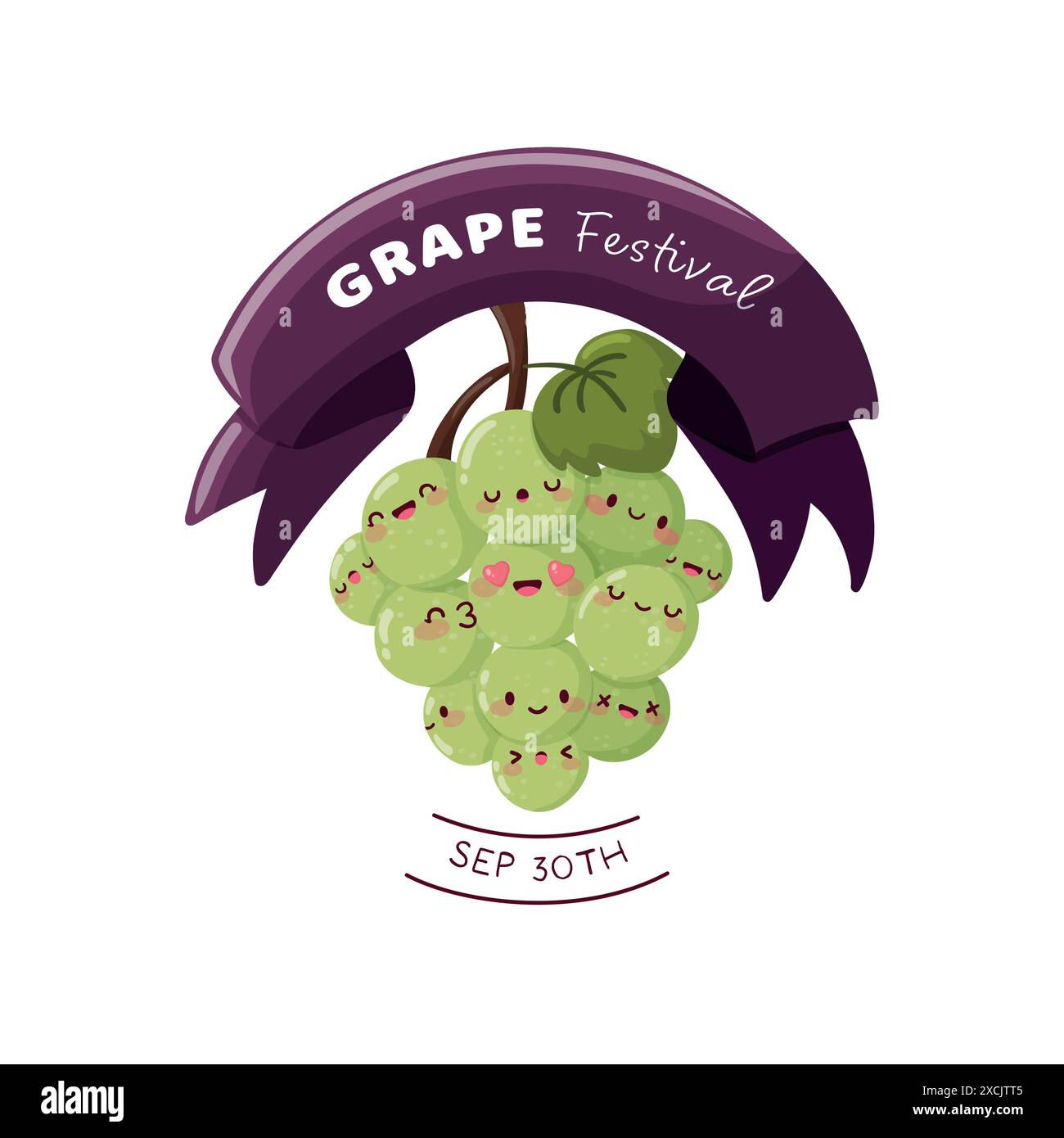 Grape festival banner with fun green grapes and a ribbon. Kawaii vector ...