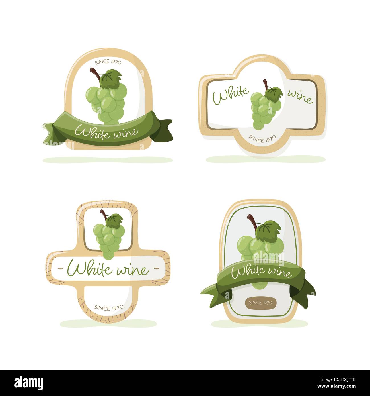 White wine label set with bunch of green grapes. Isolated vector ...