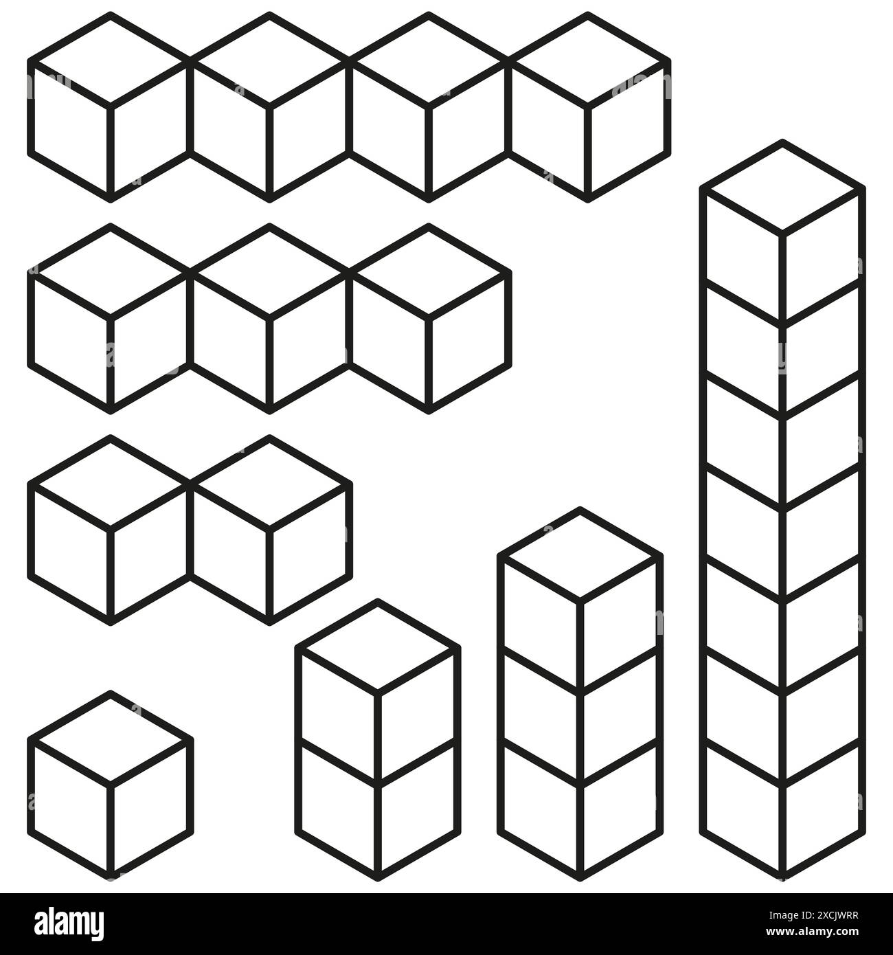 Isometric Cube Structures Geometric Vector Shapes Black Outline Design White Background Stock