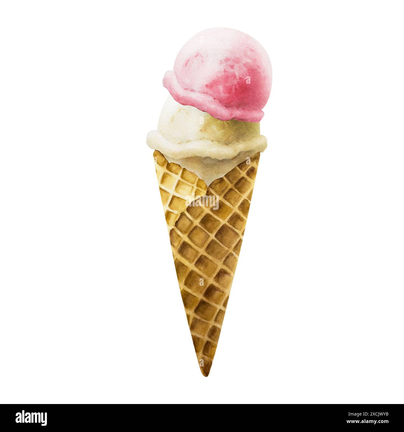 Scoops of vanilla and strawberry, raspberry ice cream in crispy waffle ...