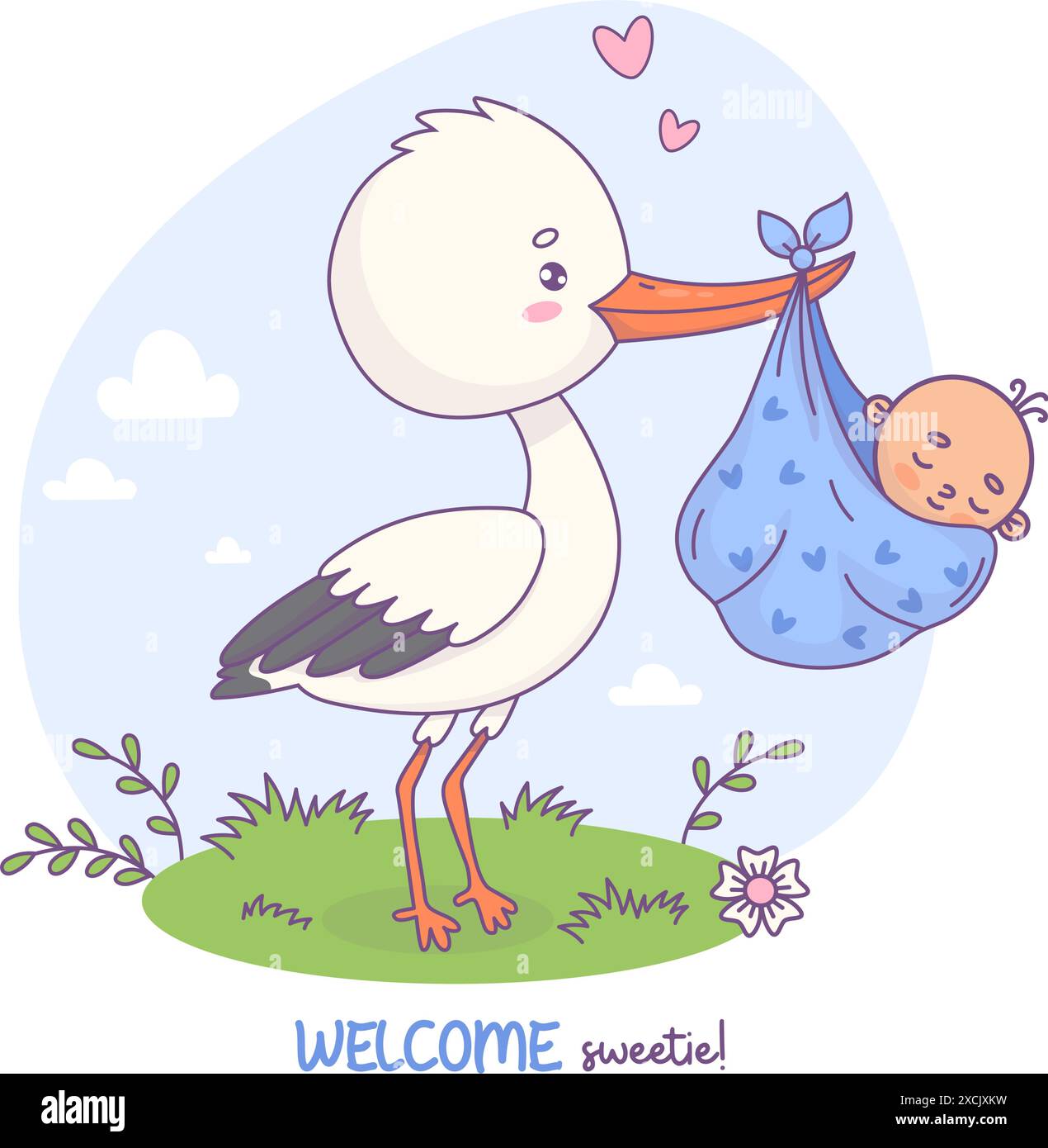 Cute stork standing in grass with gift newborn baby boy. Vector ...